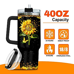 99WHALE Sunflower Leopard Motivational, Tumbler 40 Oz With Handle Lid And Straw, Sunflower Gifts, Black Handle Yellow Print Tumblers Women For Cups Coffee Butterfly Straws
