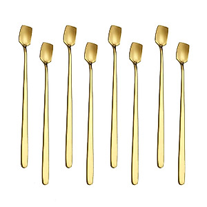 Long Handle Iced Teaspoon 8-Piece, Comicfs 7-Inch Stainless Steel Mixing Stirring Square Spoons for Cocktail Ice Cream Milkshake Cold Drink Ice Coffee (8 Spoons, Gold)