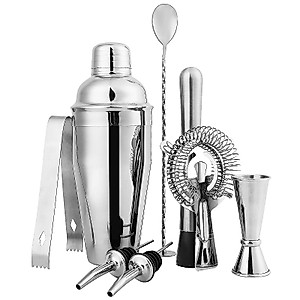 8 Piece Cocktail Shaker Set, Bartending Kit - 24 Ounce Cocktail Shaker, Spoon, Ice Tong, Muddler, Jigger, Strainer, Pourers