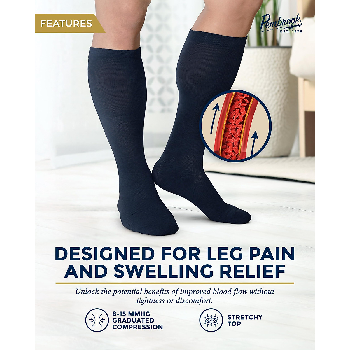 Pembrook Light Compression Socks for Men - 6 Pairs | 8-15 mmHg Navy Compression Socks | Mens Compression Socks for Circulation Support | Light Compression Socks Men