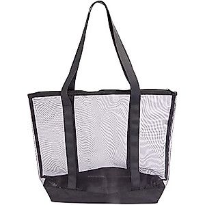Okuna Outpost Mesh Tote Bags with Zipper for Grocery Shopping, Beach (Black, Large, 2 Pack)