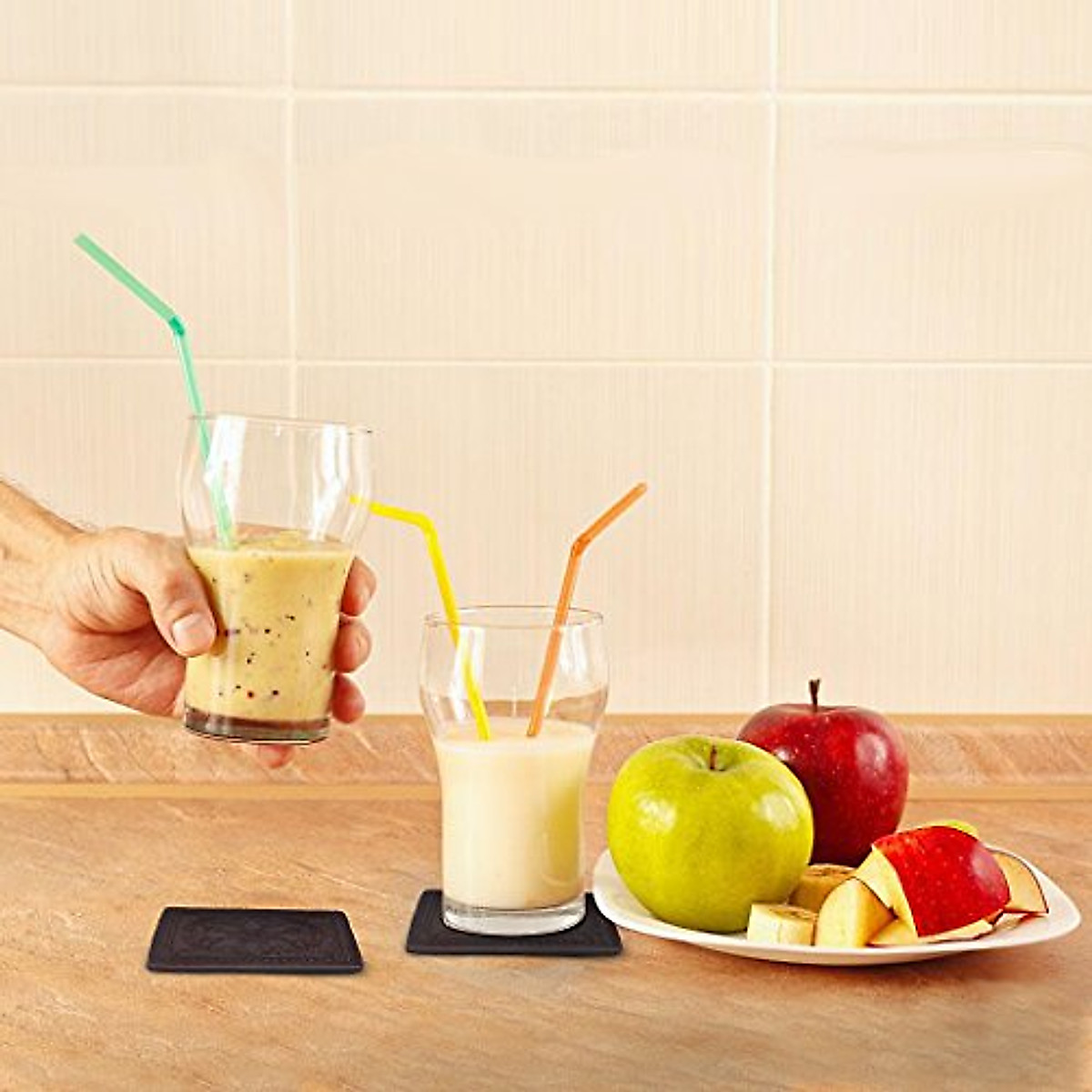 Drink Coasters,365park PU Leather Coasters Set of 6 with Holder for Drinks Glasses-Functional and Decorative,, Coffee