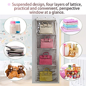 Handbag Organizer Storage Purse Bag Hanger with 4/5 Easy Access Deep Pockets Fully Sealed with Zipper dust-Proof for Closet Wall…(Gray, 4 Pockets)