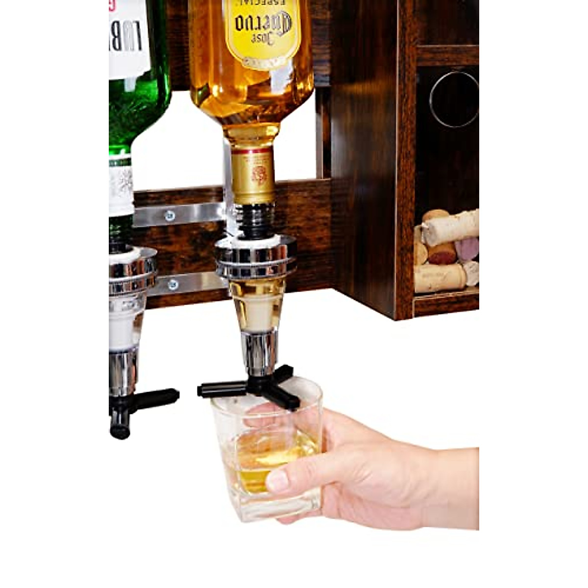 Farmhouse Wine Rack Wall Mounted Wood Wine Shelf with Bottle Stemware Glass Holder Rustic Wine Display Storage Rack with 4-Bottle Liquor Dispenser for Home Bar Kitchen Decor