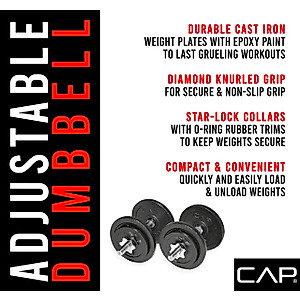 CAP Barbell 25-Pound Adjustable Dumbbell Weight Set, c. Black, 50 LB (Pair)
