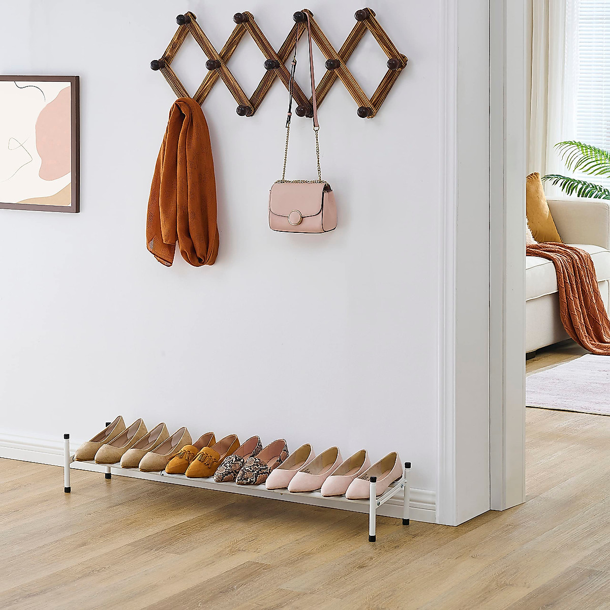 Tajsoon Expandable Shoe Rack Organizer, 1 Tier Adjustable & Stackable Shoe Shelf, Metal Iron Shoe Storage Organizer for Closet Bedroom Entryway, White