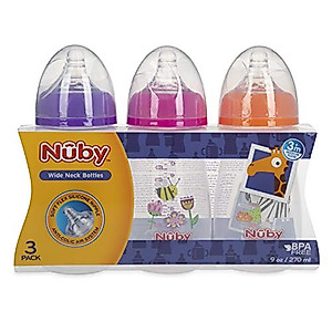 Nuby Tritan Wide Neck Non-Drip Bottles with Anti-Colic Air System: 9oz./ 270 Ml, 3 Pack, 3M+, Multi