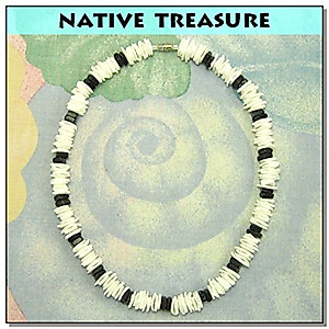 Native Treasure 16" Mens and Womens Summer Beach Surfer Necklace From the Philippines, White Rose Clam Chips Ark Shells with Real Black Clam Chips Accents