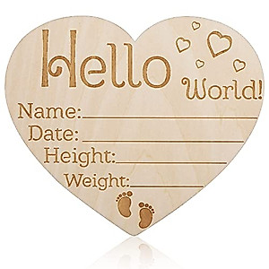 AIEX Wooden Baby Announcement Sign, Love Heart Shaped Hello World Plaque Newborn Baby Birth Sign Board Wooden Newborn Welcome Sign for Hospital Nursery Photo Prop Baby Shower