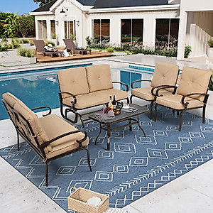 Incbruce 5 Pcs(6 Seats) Outdoor Metal Furniture Sets Wrought Iron Patio Conversation Sets, (Glider, 2 Single Chairs, Loveseat, and Coffee Table) with Cushion (Brown)