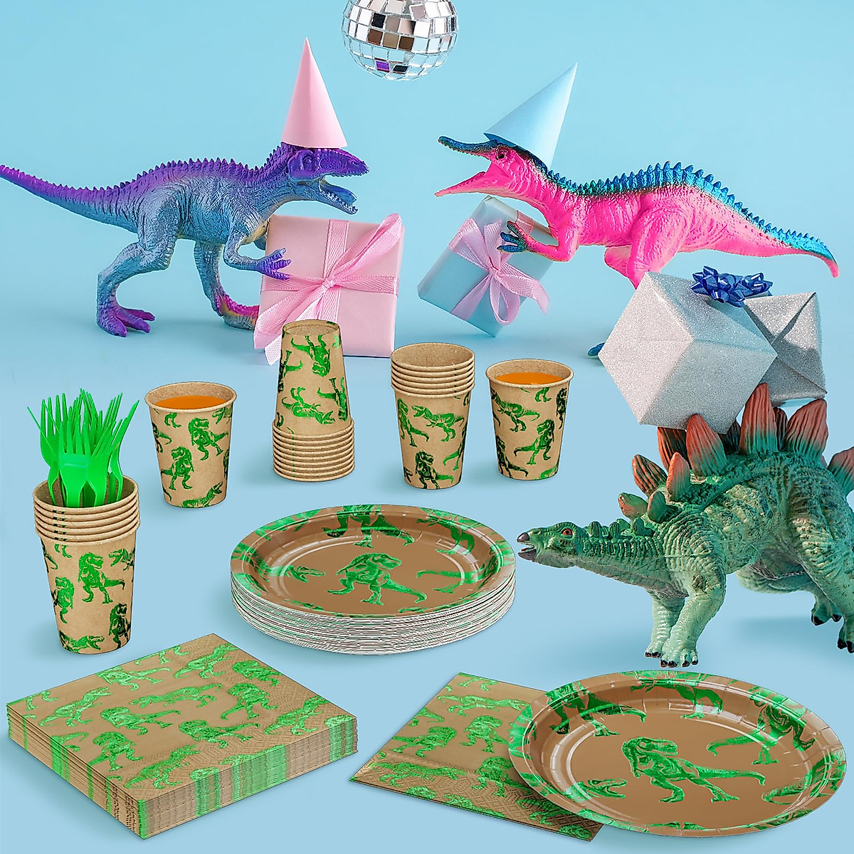 DYLIVeS Green Foil Dinosaur Birthday Party Decorations,Rawr Dinosaur Disposable Tableware Set Dinosaur Rex Party Supplies for Boys, 9'' Dinosaur Dinner Plates and Napkins Cups Forks Set, Serves 24