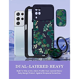 Goocrux (2in1 for Samsung Galaxy S21 Ultra Case Floral for Women Girls Girly Phone Cover Cute Leaves Plants Design with Slide Camera Cover+Ring Holder Fashion Unique Green Cases for S21 Ultra 6.8''