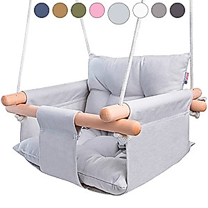 CaTeam - Canvas Baby Swing, Wooden Hanging Swing Seat Chair with Safety Belt, Durable Baby Swing Chair, Outdoor and Indoor Swing for Kids, Mounting Hardware Included, Gray