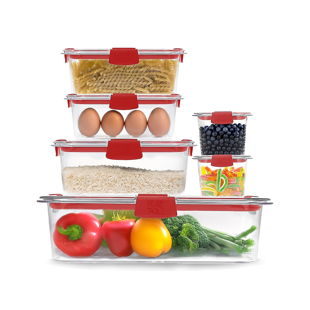 MSM Products Crystal Clear Transparent Food Storage Containers, BPA-Free, Glass Clear Plastic, 12 pieces set (6 lids and 6 containers). Total set capacity 10 LITERS. RED color 4 sides clip lock.