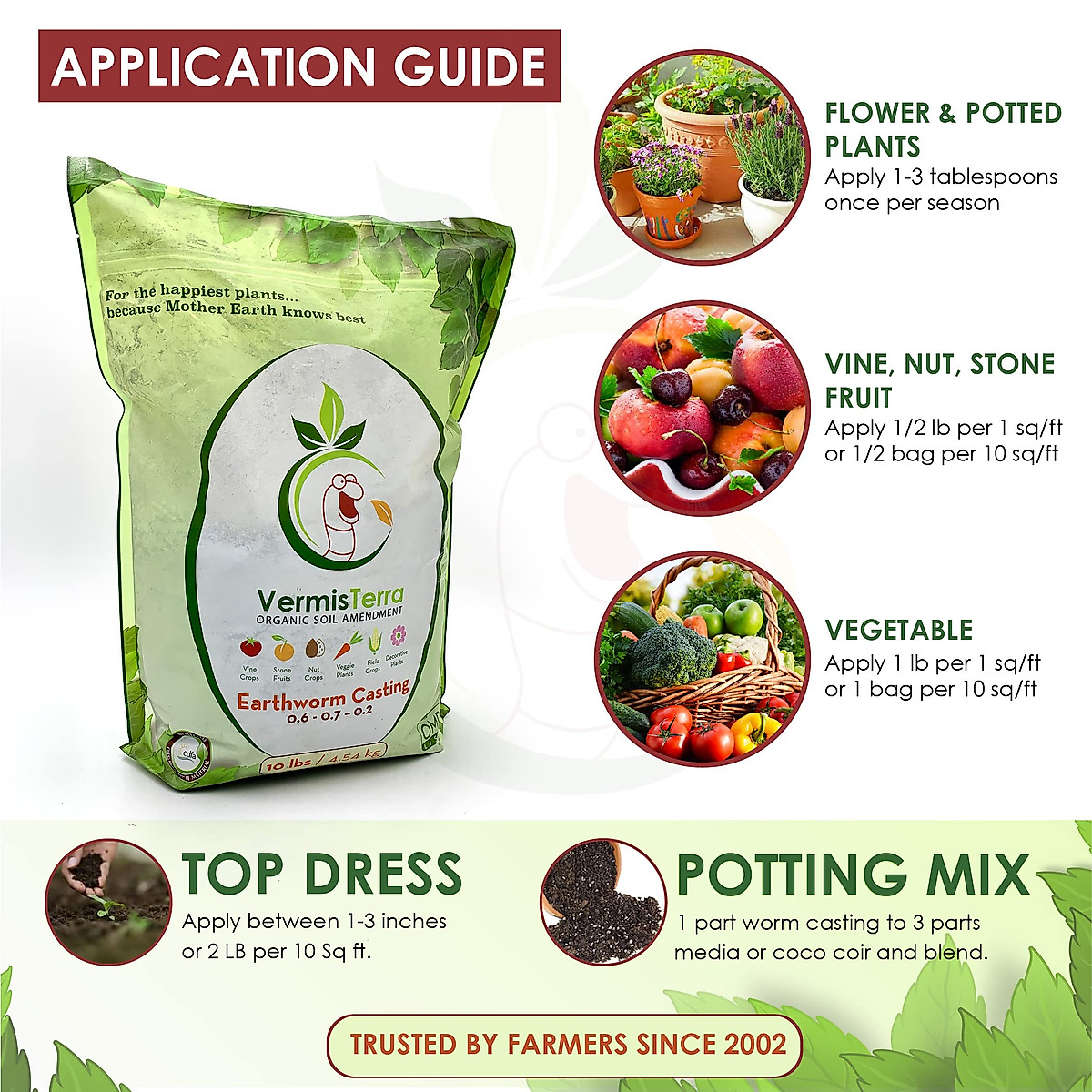 VermisTerra Earthworm Castings - (5 LB) 2.7 qts - 100% Organic Earthworm Castings - All Natural Plant Fertilizer - Soil Enhancer - Potting Mix for Plants, Vegetables, Flowers, Indoor + Outdoor