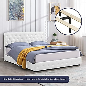 ZAFLY California King Platform Bed Frame with Button Tufted Headboard,Upholstered PU Leather Cal King Bed Frame with 4 Storage Drawers,Wooden Slats Support,No Box Spring Needed,Easy Assembly,White