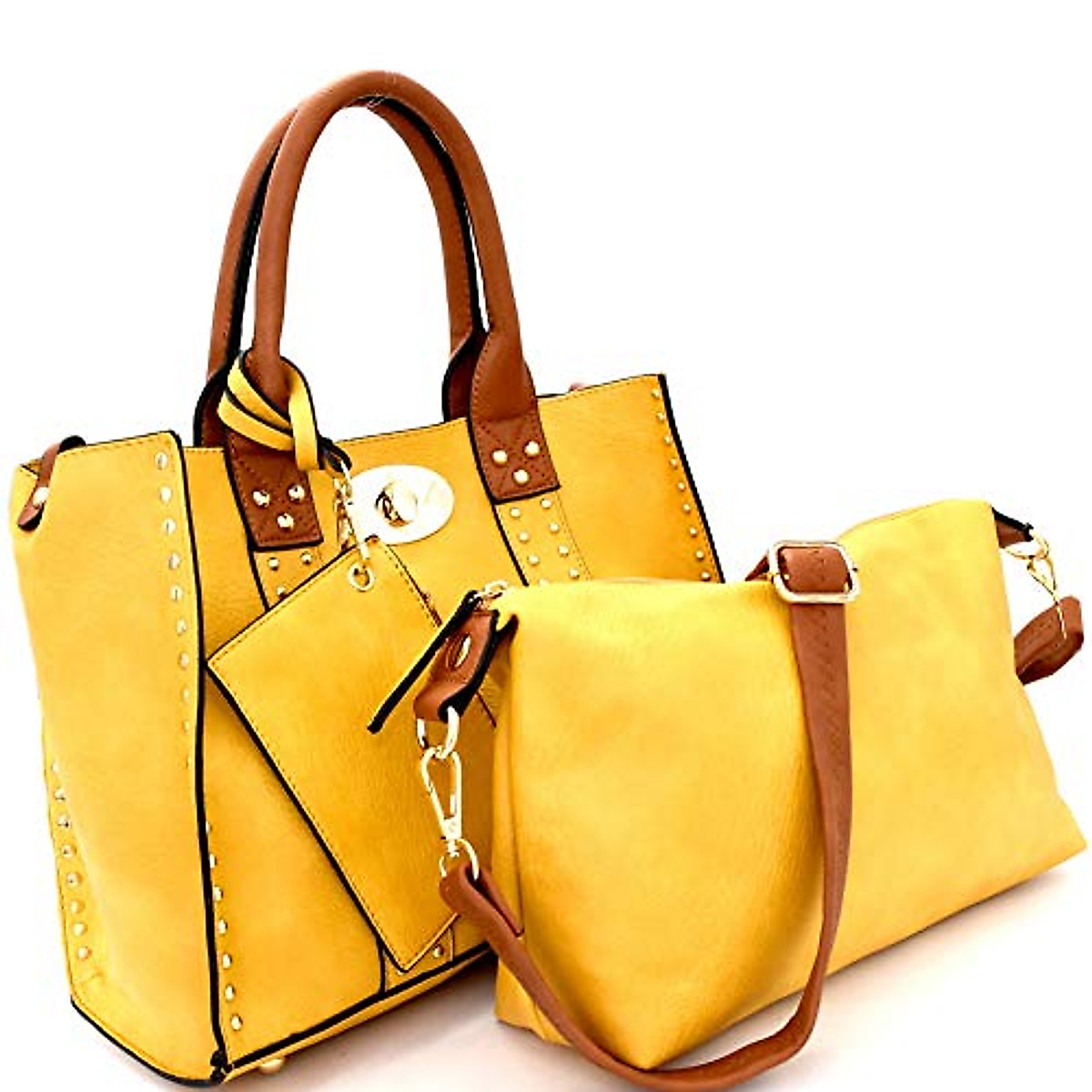 Twist Lock Studded 3 in 1 Soft Structure Plain & Ostrich Vegan Leather Tote Purse Handbag with Crossbody SET (Plain Vegan Leather - Black/Coffee)