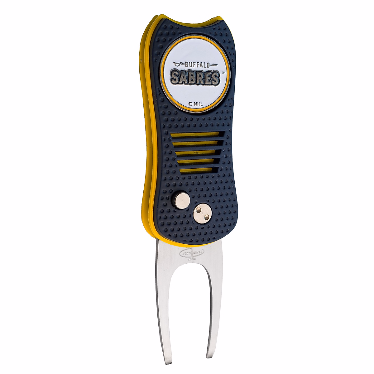 Team Golf NHL Buffalo Sabres Retractable Divot Tool with Double-Sided Magnetic Ball Marker, Features Patented Single Prong Design, Causes Less Damage to Greens