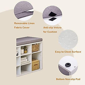 DINZI LVJ Shoe Storage Bench with Cushion, Cubby Shoe Rack with 9 Cubbies, Adjustable Shelves, Multifunctional Shoe Organizer Bench for Entryway, Mudroom, Hallway, Closet and Garage, White