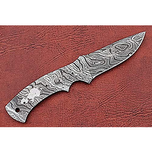 8.5 inches long Drop point blank blade skinning knife, hand forged Damascus steel 4.5" scale space with 3 Pin hole & an inserting hole space 3.75 inches cutting edge