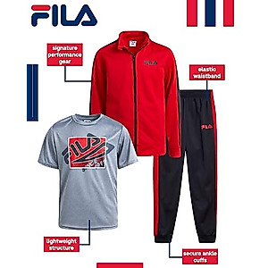 Fila Boys' Tracksuit Set - 3 Piece Short Sleeve Athletic Shirt, Tricot Jacket, Jogger Sweatpants for Toddlers & Boys (2T-16), Size 10-12, Racing Red