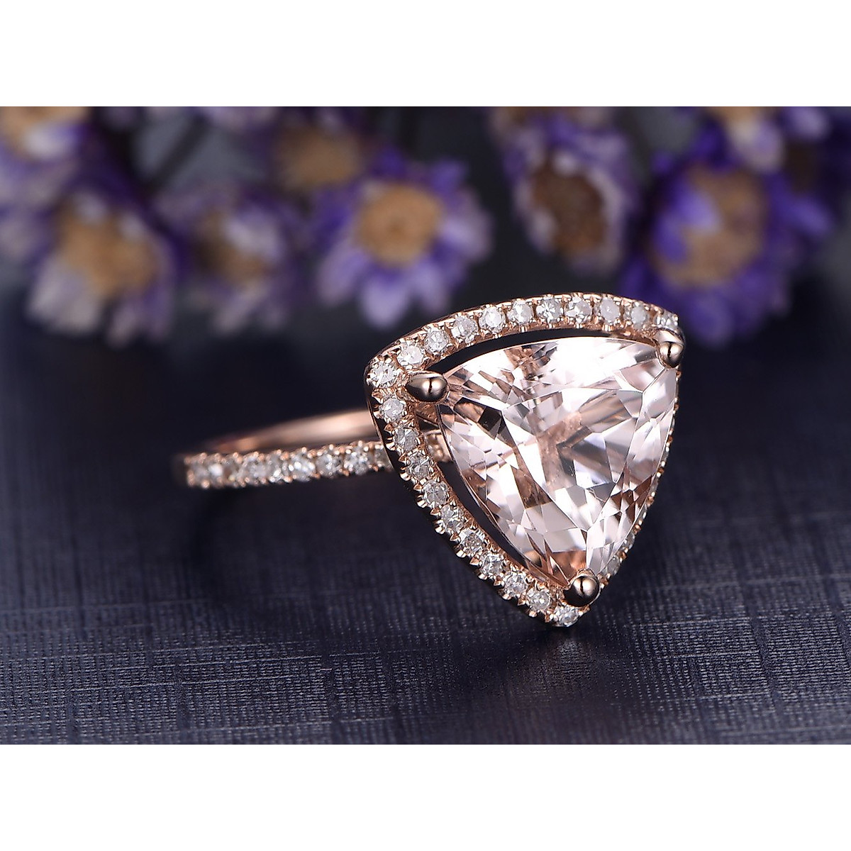 Triangle Morganite Engagement Ring Set,10mm Trillion Stone Halo Diamond 14k Rose Gold Rings Stacking Band