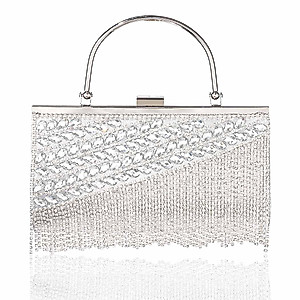 Yokawe Bling Crystals Clutch Purses for Women Rhinestone Tassel Evening Bag Wedding Party Prom Cocktail Handbags (Silver)