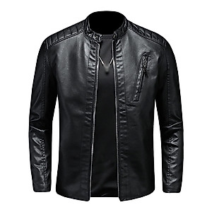 Maiyifu-GJ Men's Vintage Faux Leather Jacket PU Zip Up Stand Collar Bomber Coat Retro Warm Slim Fit Jackets Windbreaker (Black,Medium)