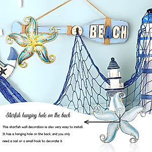 POXOHO Metal Starfish Wall Decor, Sea Life Coastal Decorations 12 inch Starfish Wall Art, Nautical Home Decoration Handing Ocean Beach Wall Art for Garden,Fence,Home,Patio,Kitchen,Bathroom,(Blue)