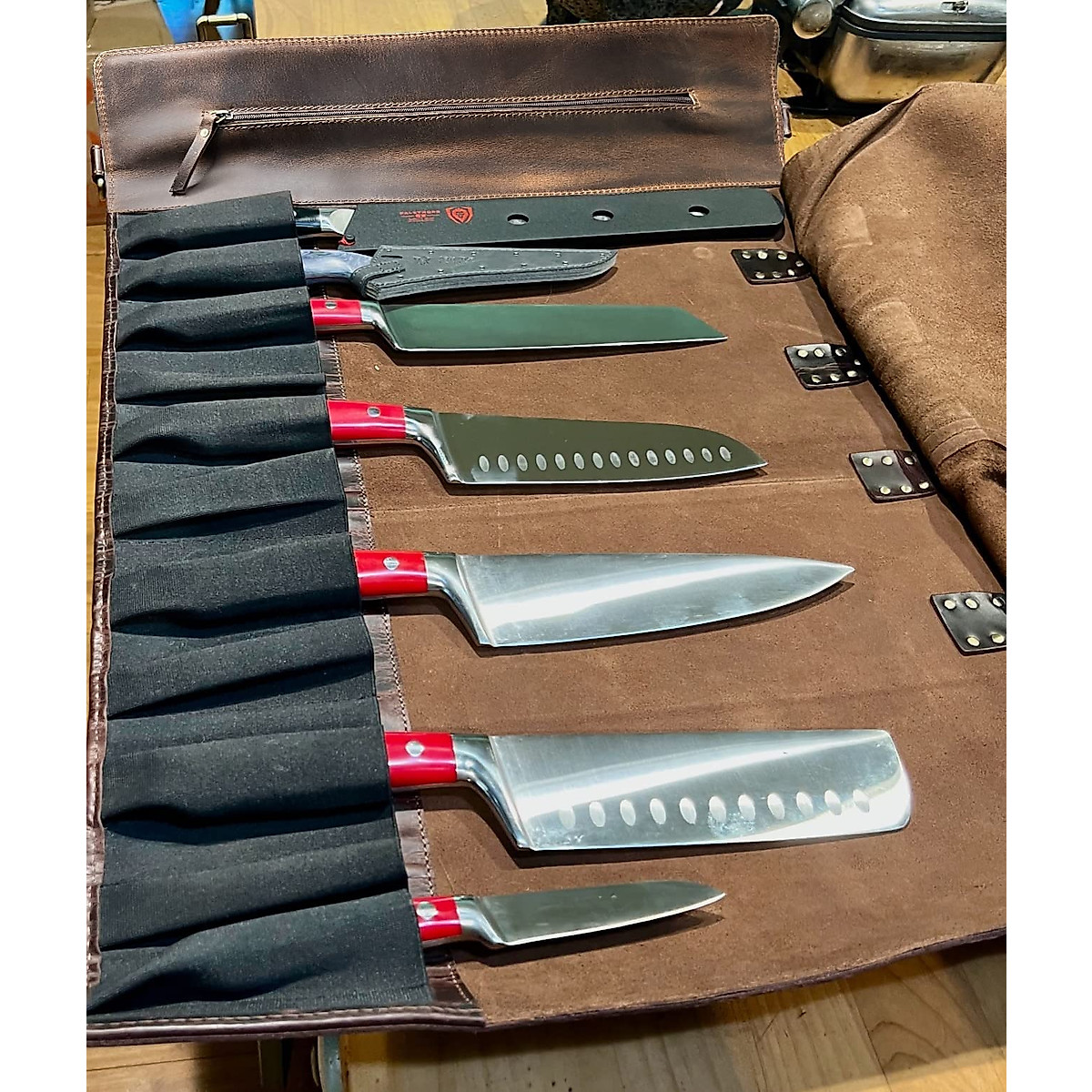 RUSTIC TOWN Leather Knife Roll Storage Bag With Tool Roll Up Pouch Travel-Friendly Chef Knife Case Roll