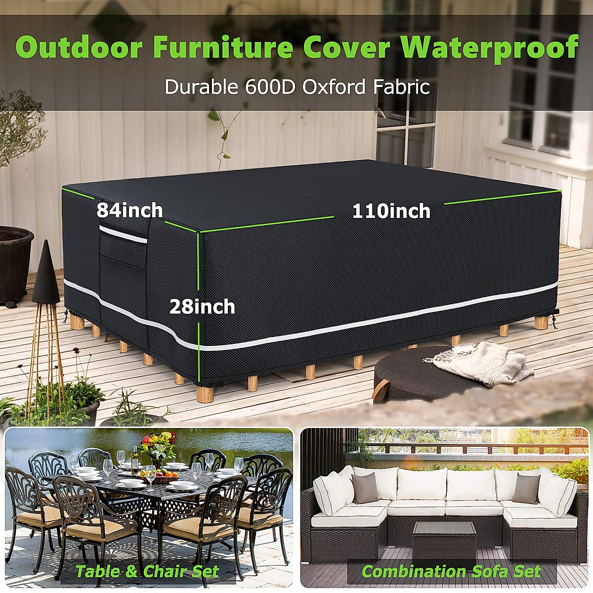 Outdoor Furniture Covers Waterproof, 600D Heavy Duty Patio Furniture Set Cover Outdoor Table and Chair Covers, 110"x84"x28" Rectangular Patio Covers for Outdoor Furniture, Black with White Border