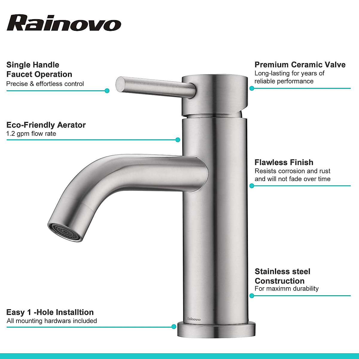 Rainovo Bathroom Faucet Brushed Nickel,Single Hole Bathroom Sink Faucet Stainless Steel,Modern Single Handle Vanity Faucet Supply Utility Hose for Laundry Washbasin,Rv Vessel Basin Lavatory Mixer Tap
