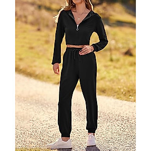 KIRUNDO Women's Sweatsuits Tracksuit Fall Zip Hoodie Jogger Sweatpants 2 Piece Plain Athletic Sports Casual Sweat Suits (Black, Small)