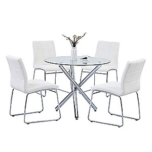 SICOTAS Round Dining Table Set for 4 - Glass Top Kitchen Table and Faux Leather Dining Chairs,Clear Circle Dining Room Table Set,Modern Breakfast Nook Table Set for Dining Room Kitchen Dinette, White
