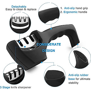 Daailoktau 3-in-1 Knife Sharpener, 3 Stage Manual Sharpener for Sharpening Kitchen Knives - Ceramic Stone, Tungsten Carbide Plates, Diamond rods. Ergonomic Design, Black/Chrome Finish