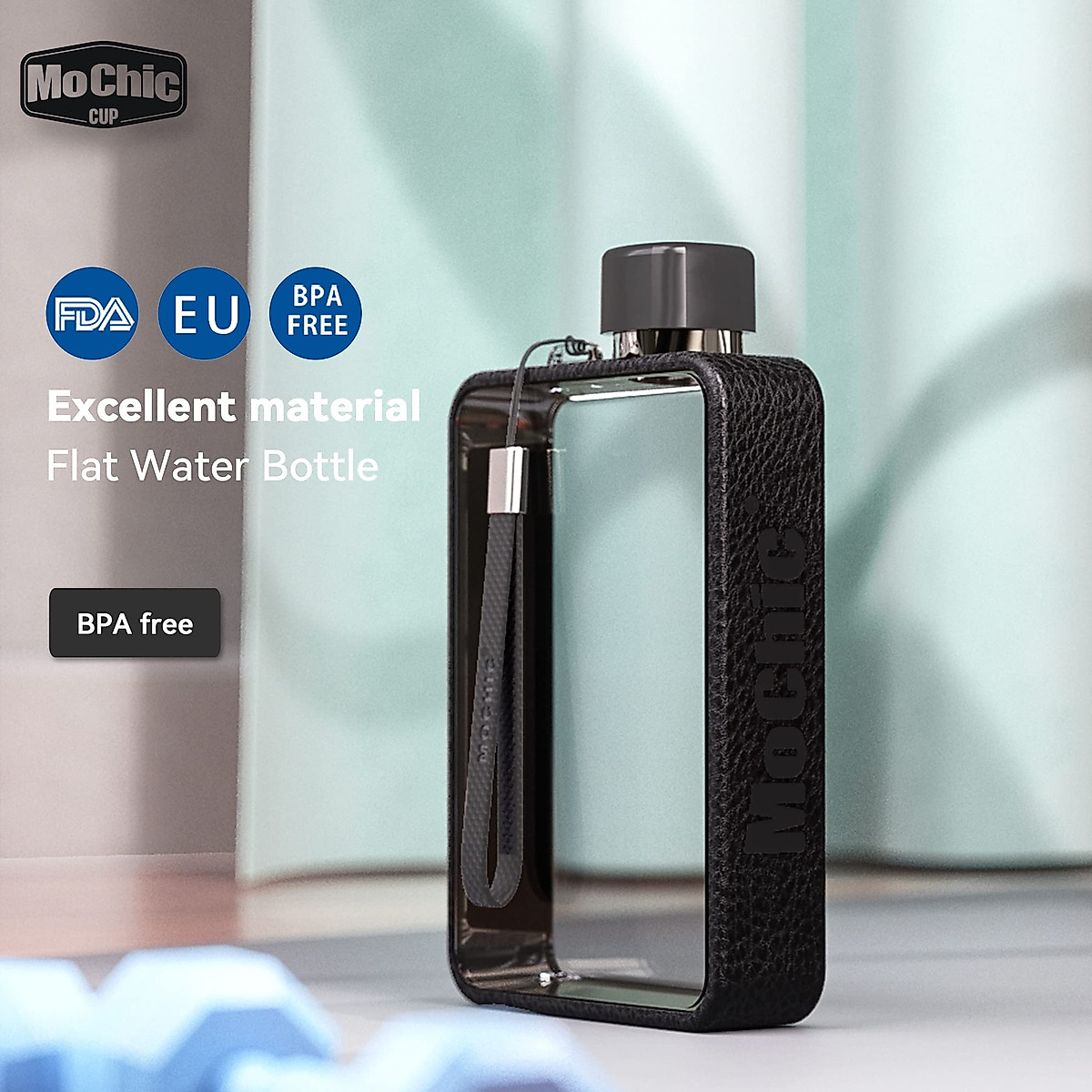 MOCHIC CUP Flat Water Bottle Travel Flask Portable Travel Mug BPA Free A5 Water Bottle for Sports Camping Gym Fitness Outdoor 13oz Fit in Any Bag (Black)…