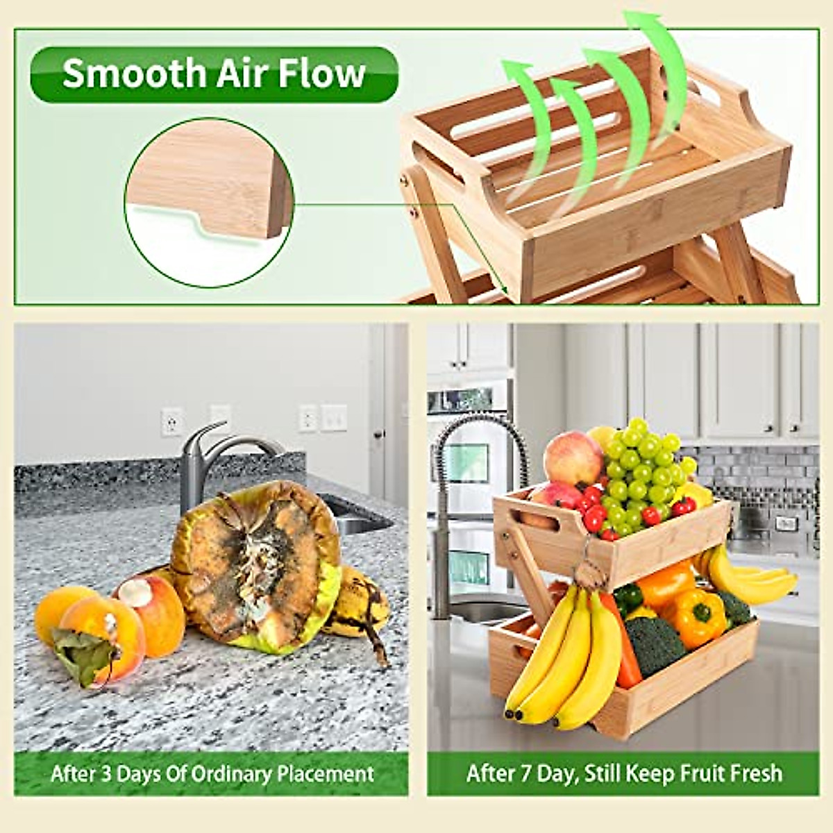 ETECHMART Bamboo Fruit Basket, 2 Tiers Fruit Bowl For Kitchen Counter, Large Capacity Detachable Vegetable Bread Storage Basket Banana Holder Stand