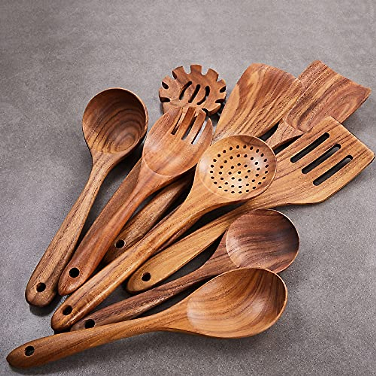 Wooden Kitchen Utensils Set,GUDAMAYE 9 PCE Wooden Spoons for Cooking,Wooden Cooking Utensils,Natural Teak Wooden Spoons For Non-stick Pan