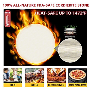 5 PCS Round Pizza Stone Set, 13" Pizza Stone for Oven and Grill with Pizza Peel(OAK),Serving Rack, Pizza Cutter & 10pcs Cooking Paper for Free, Baking Stone for Pizza, Bread