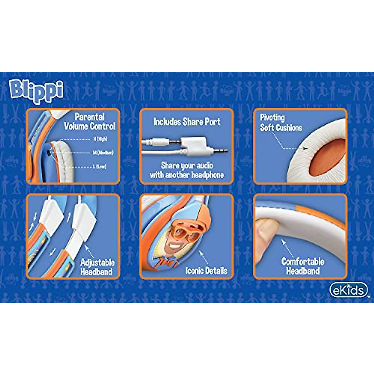 eKids Blippi Headphones for Kids, Wired Headphones for School, Home or Travel, Tangle Free Stereo Headphones with Parental Volume Control, Connect via 3.5mm Jack
