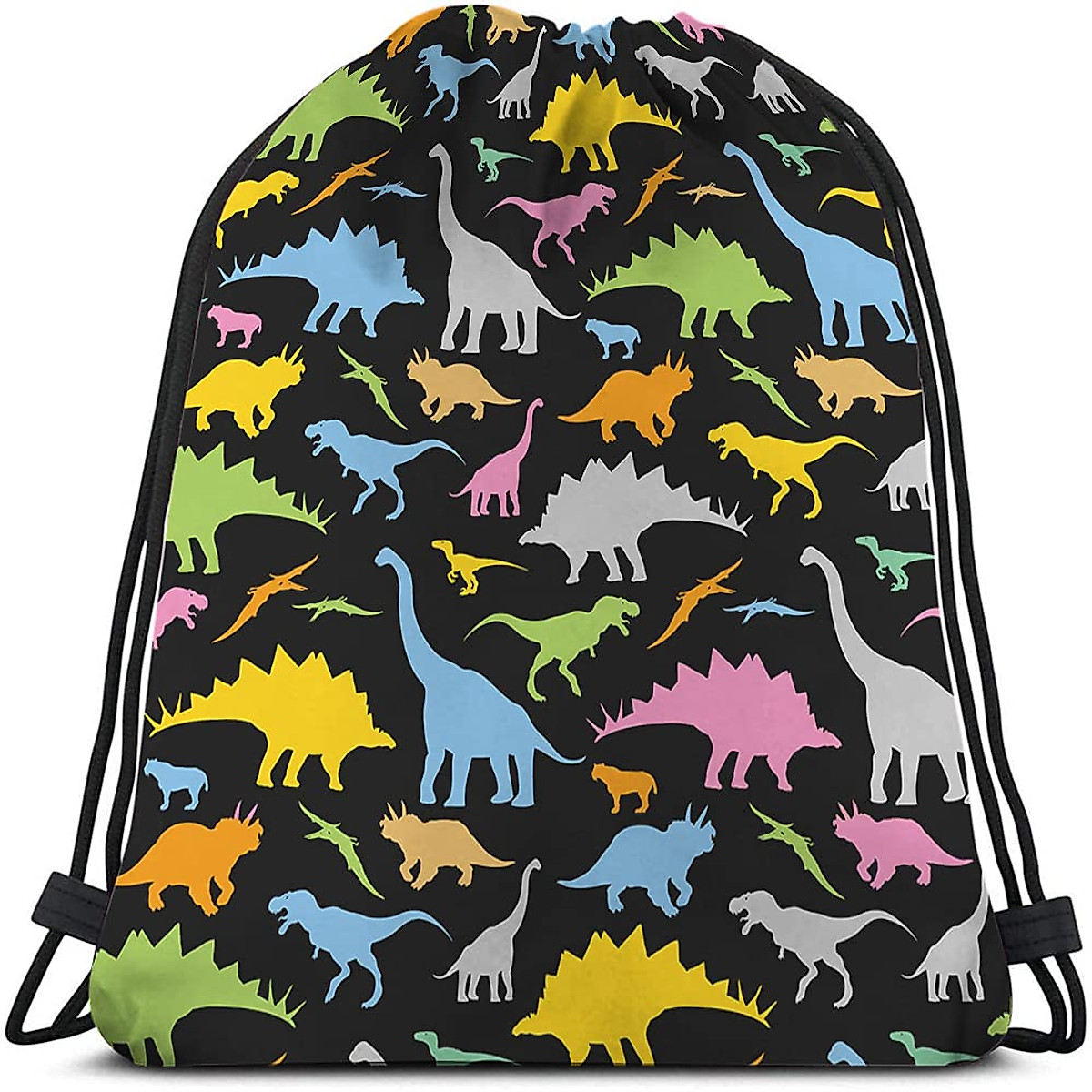 Beabes Dinosaurs Drawstring Bags Backpack Bag Cool Wild Cartoon Cute Prehistoric Colorful Animal Silhouette Sport Gym Sack Drawstring Bag String Bag Yoga Bag for Men Women