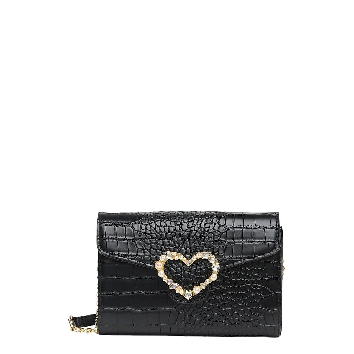 Betsey Johnson Crocodile Embossed Wallet Crossbody W/Chain Faux Pearl Crystal Rhinestone Gold Tone Heart Detail Handbag
