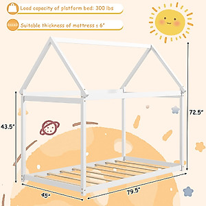 KOMFOTT Twin House Bed Frame for Kids, Solid Wood Kids Platform Floor Bed with Roof & Multiple Slats, Toddler Floor Tent Bed Frame for Girls Boys, No Box Spring Needed (White)