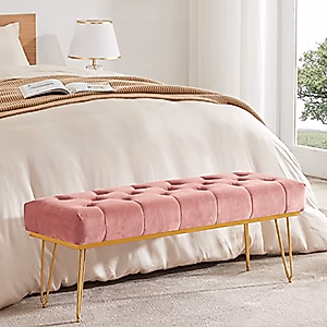 Kingfun Velvet Bedroom Bench with Gold Base&Metal Legs, Tufted Upholstered End of Bed Bench, Indoor Benches for Entryway Dining Living Room Window, Accent Ottoman Bench long Seat Foot Rest Stool(Pink)