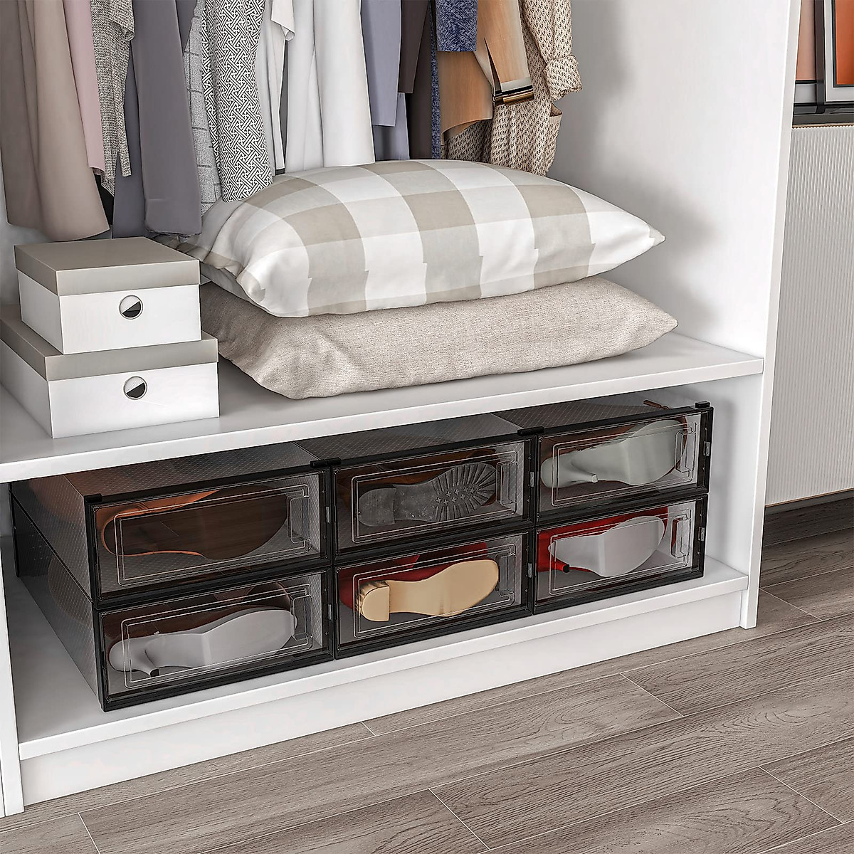 PARANTA 12-Piece Boot Shoe Storage Box, Stackable Clear Plastic Shoe Organizer with Clear Door for Storing Shoes, Black 20.5" x 12.5" x 5.5"