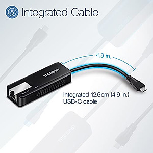 TRENDnet USB-C 3.1 to 5GBASE-T Ethernet Adapter, 2.5GBASE-T RJ-45, Integrated 12.6cm (4.9 in) USB Type C Cable, Compatible with Cat5e Or Better Cabling, Windows Compatible, Black, TUC-ET5G