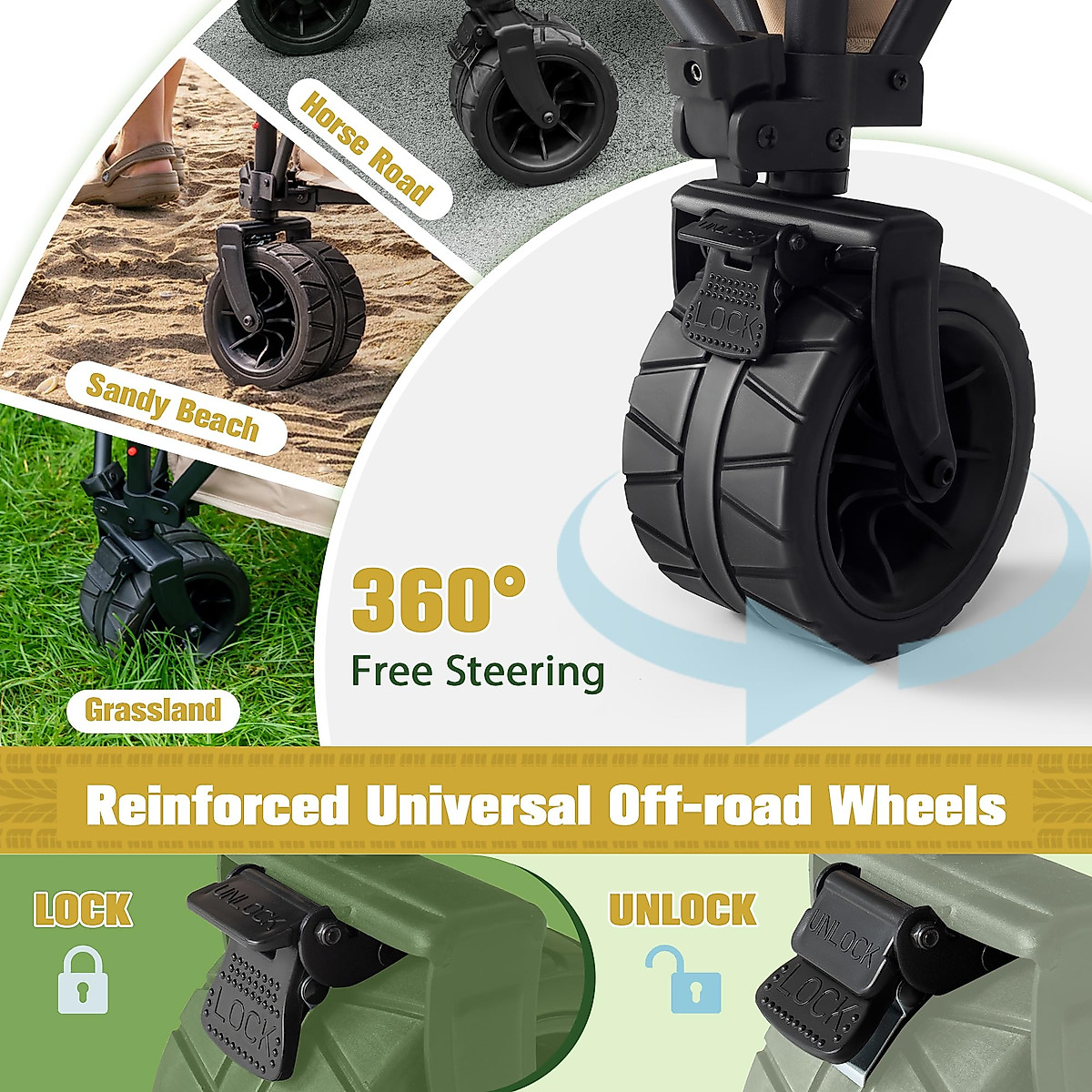 Devoko Collapsible Folding Wagon, 200L Outdoor Heavy Duty Beach Garden Wagon Cart with Big Wheels for Sand, Grocery Cart on Wheels, Beige