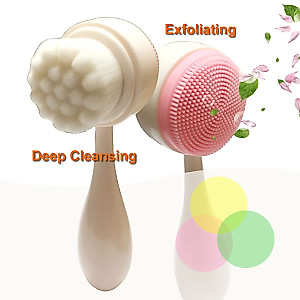 Double Side Brush with Soft Bristles for Skin Care, Silicone Brush for Massaging(White)