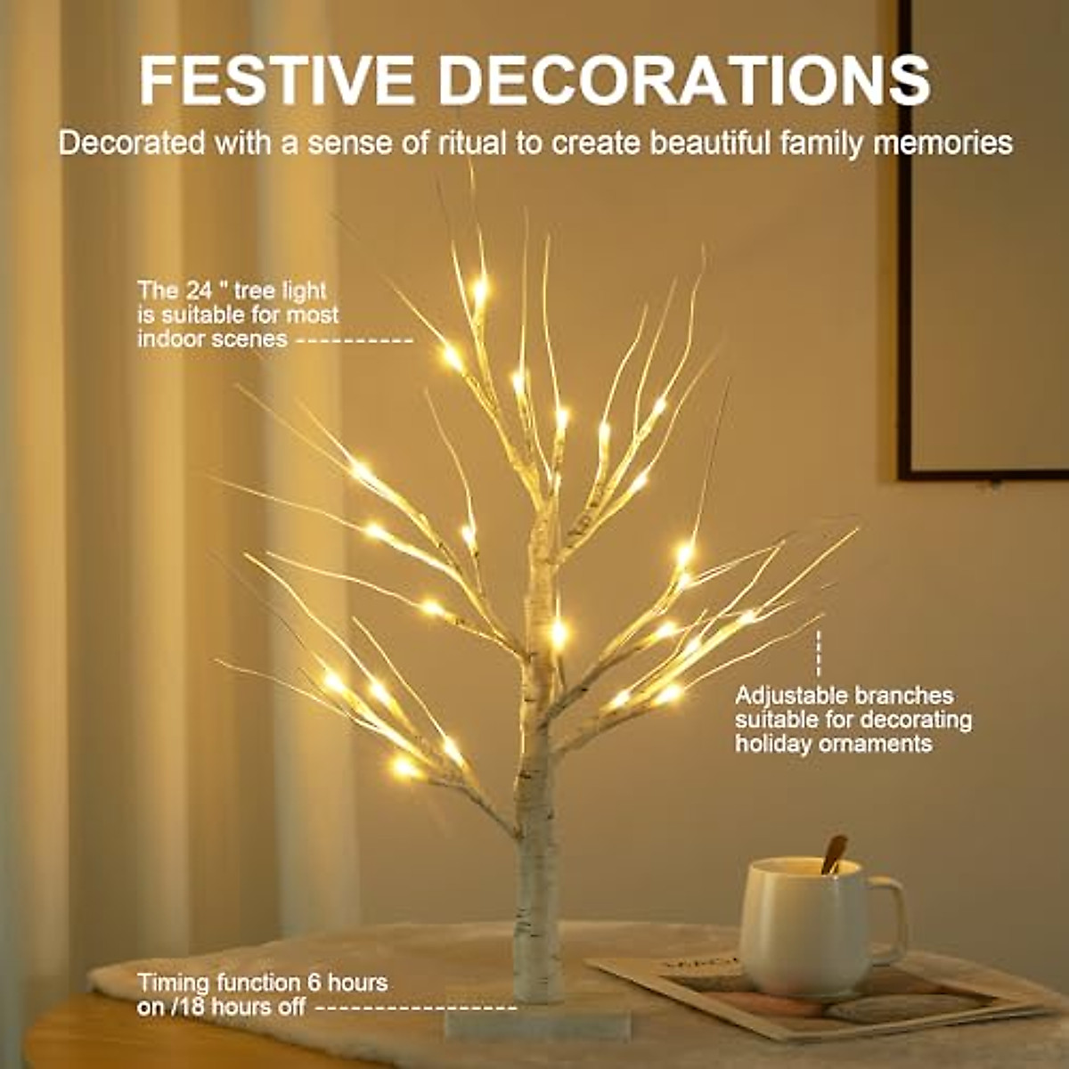 hogardeck 2FT 24LT Led Lighted Birch Tree, White Money Artificial Tree for Christmas Decorations Indoor, Battery Powered Timer Xmas Winter Home Wedding Mantle Desk Table Top Centerpieces Decor