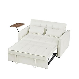 FANYE Modern Minimalist Living Room Loveseat Sofa Couch W/Pull Out Sleeper Couch Bed & Adjustable Sidetable Convertible Twin Size Sofabed Bring Side Storage Pockets for Home Apartment Office